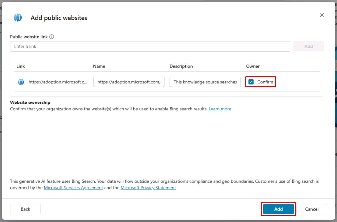 Configure a website knowledge source | Designing your own copilot using Copilot Studio