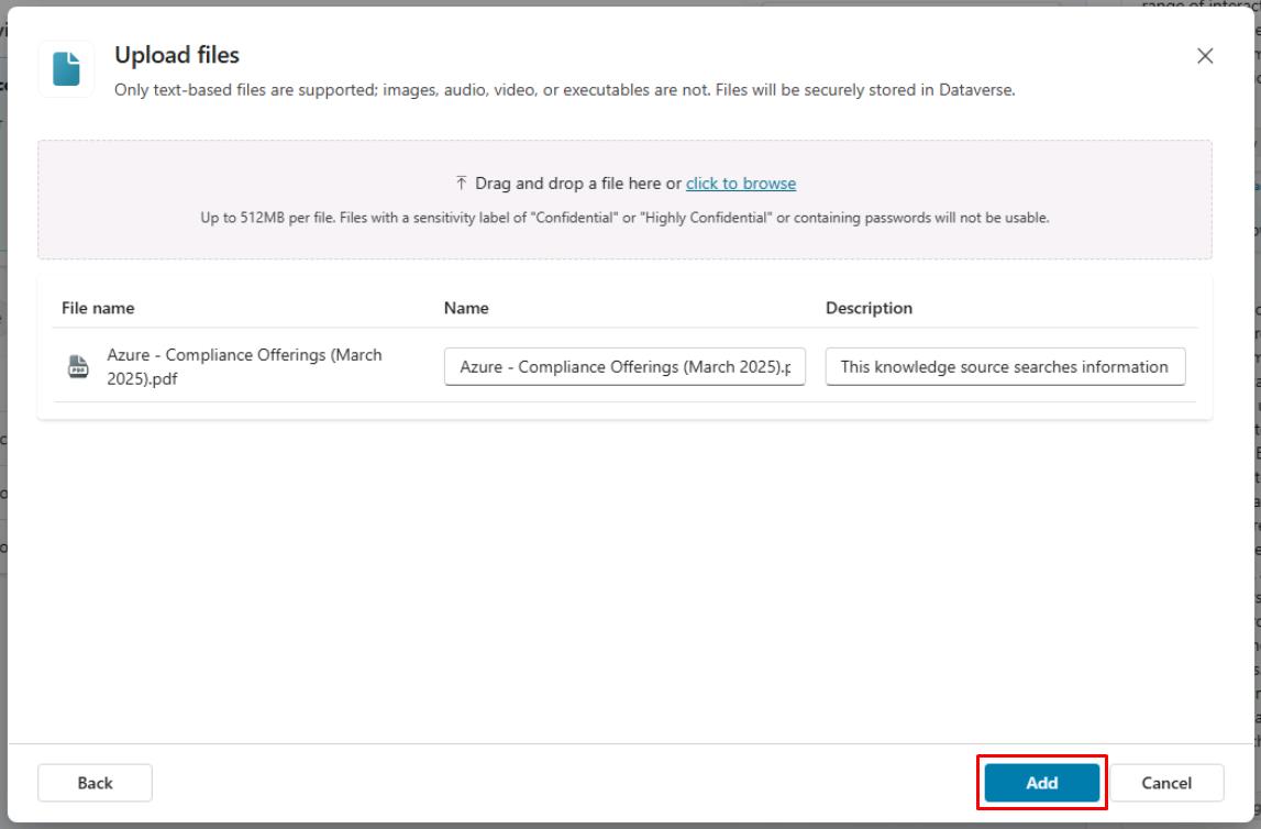 Configure the Files knowledge source | Designing your own copilot using Copilot Studio