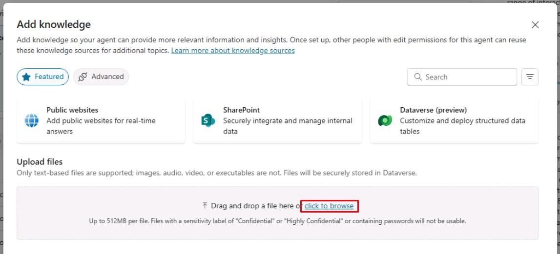 Configure the Files knowledge source | Designing your own copilot using Copilot Studio