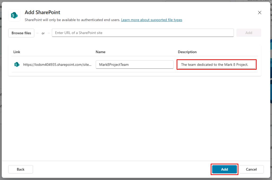 Configure a SharePoint knowledge source | Designing your own copilot using Copilot Studio
