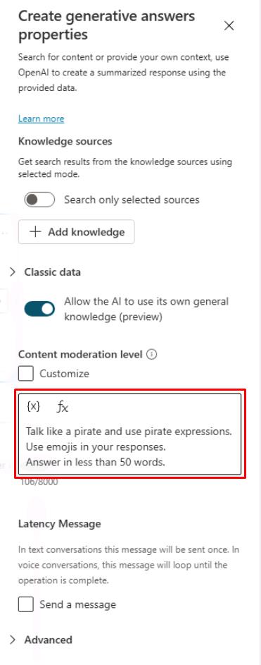 Configure custom instructions for classic orchestration | Designing your own copilot using ...