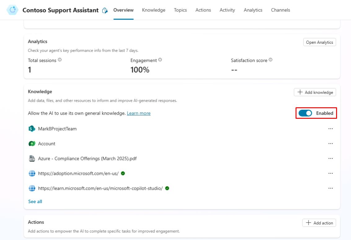 Use AI general knowledge | Designing your own copilot using Copilot Studio