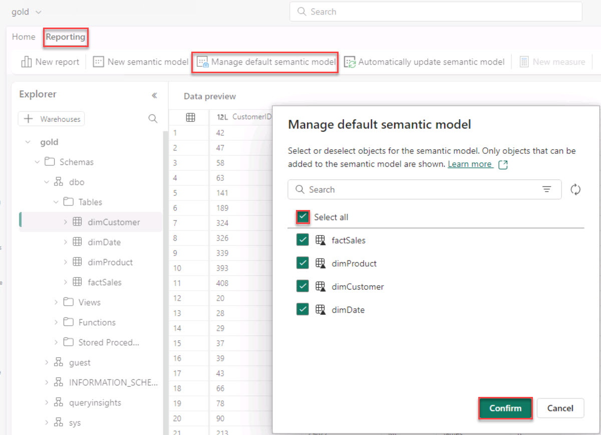 Create a new semantic model and choose required tables | Fabric w/ Azure Databricks