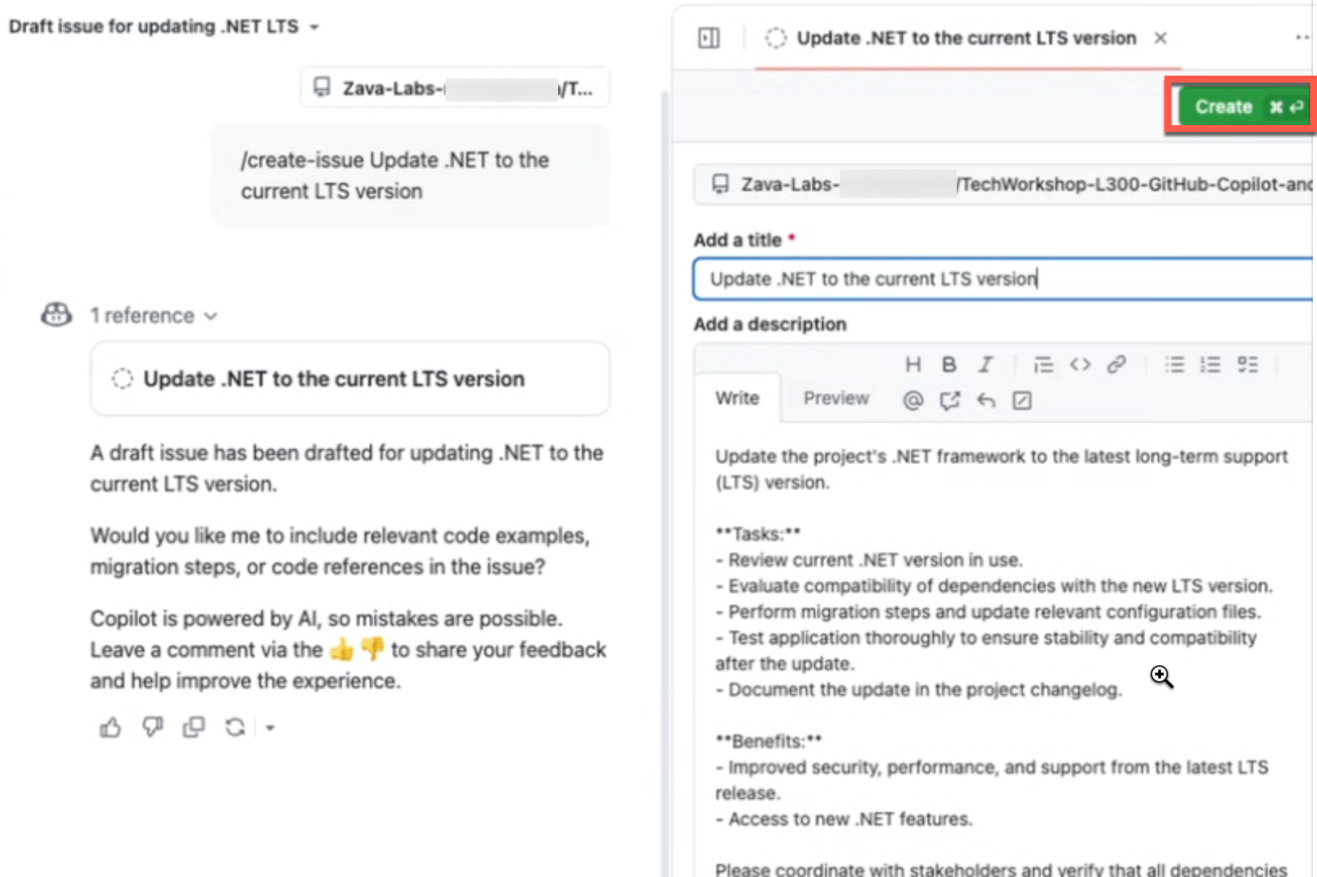 Create a GitHub issue to update the version of .NET | GitHub - Innovate with GitHub