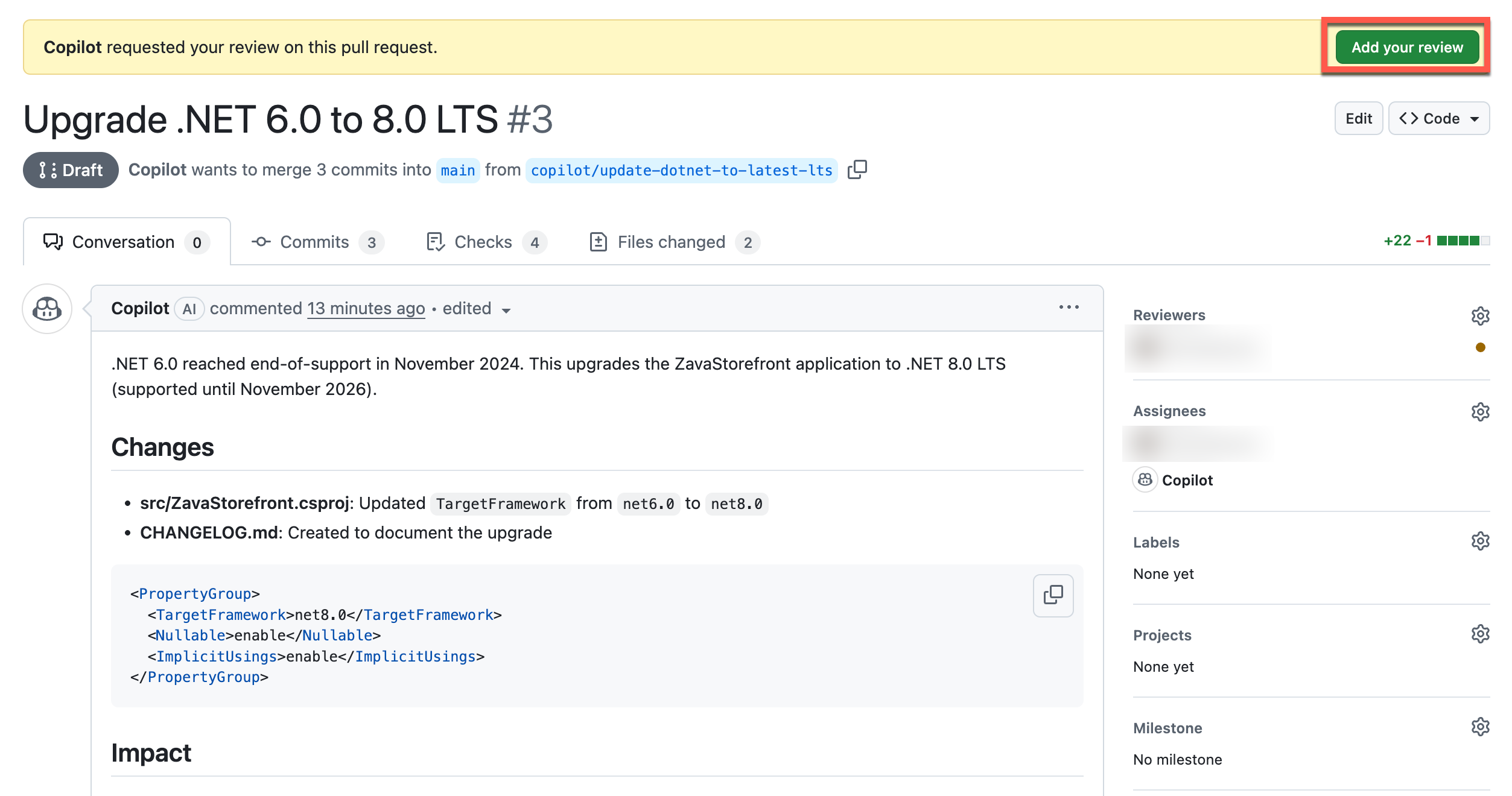 Use GitHub Copilot to update the project from .NET 6 to .NET LTS ...