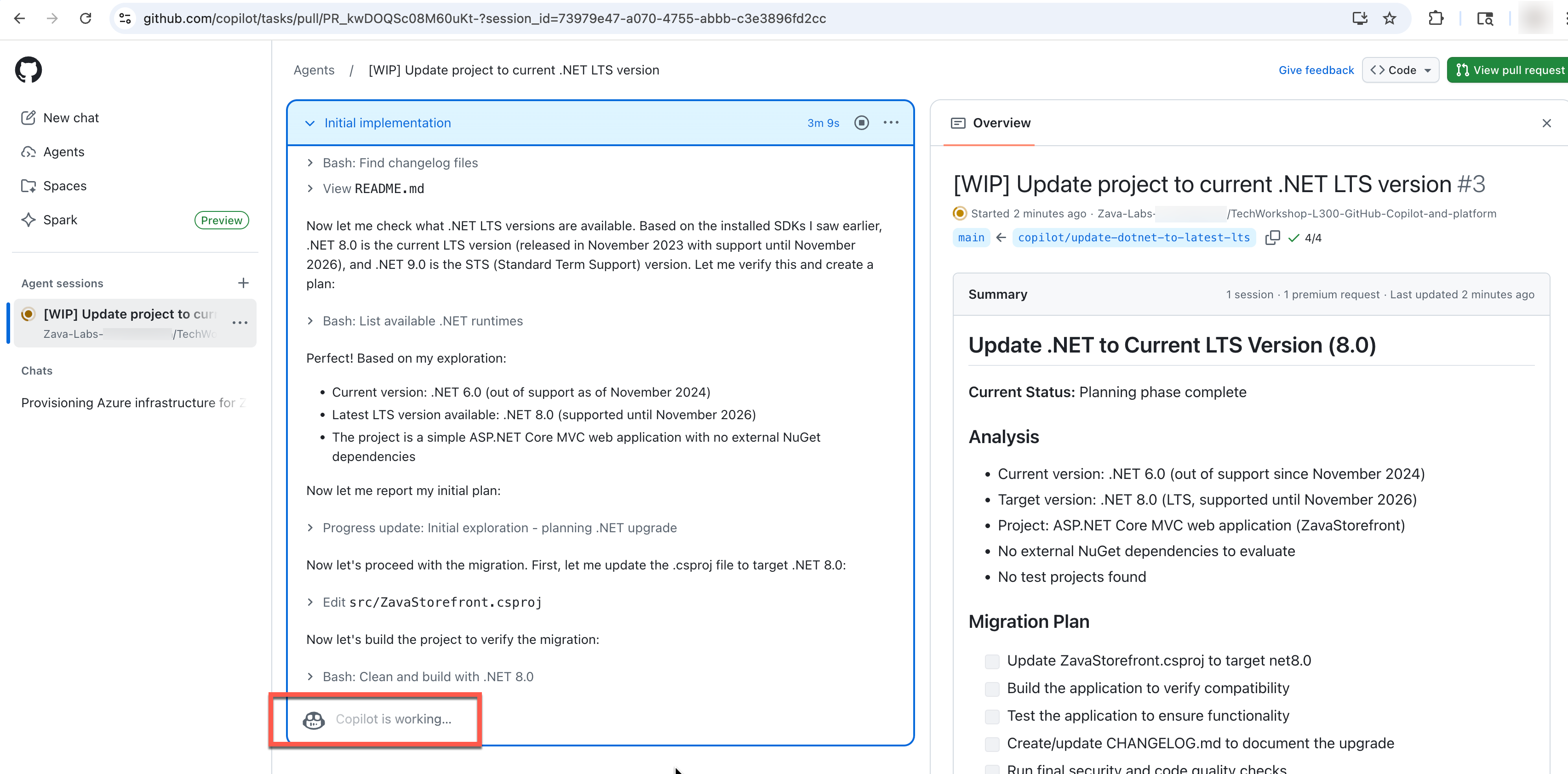 Use GitHub Copilot to update the project from .NET 6 to .NET LTS ...